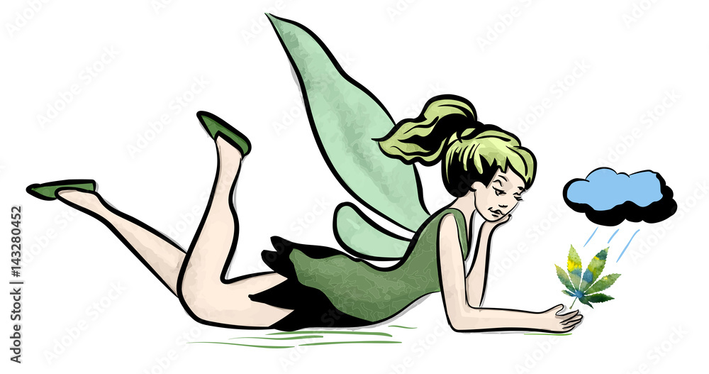Fairy girl with wings, cannabis leaf and rain. Vector image Stock ...