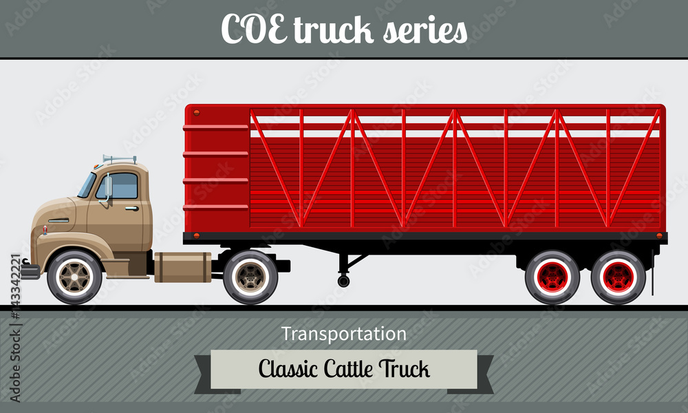 Classic COE (cab over engine) cattle truck tractor trailer. Vector ...