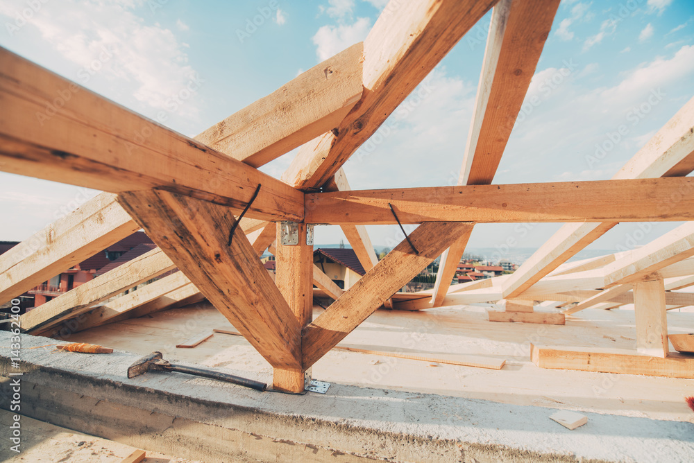 roof construction details. Beams and timber being installed Stock Photo ...