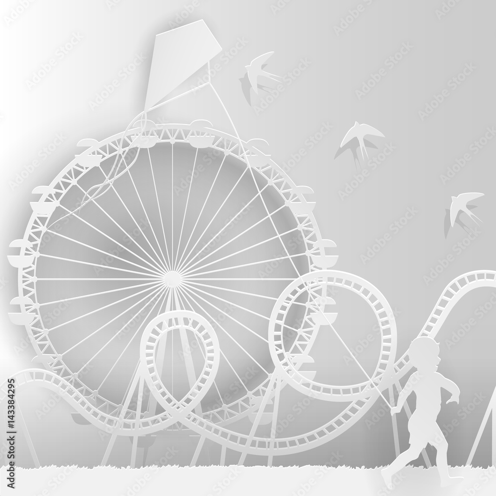Paper style art - an amusement park, fun, a Ferris wheel, a roller ...