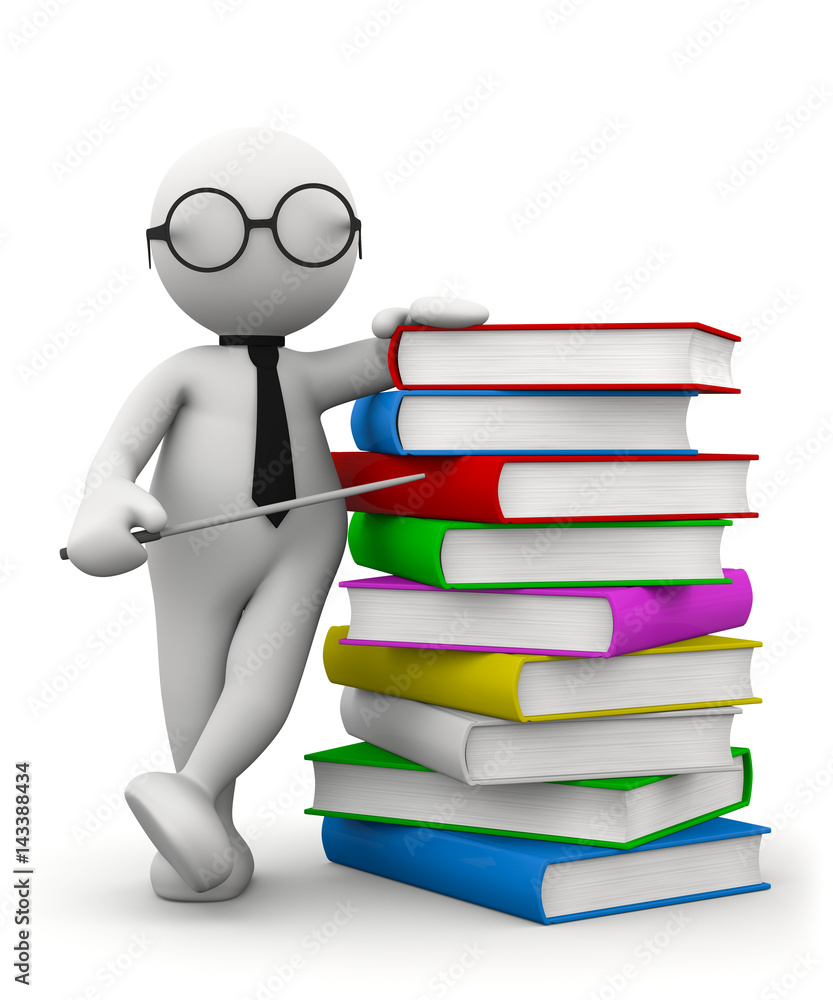 Ilustración de Stock omino 3d professore che indica libri | Adobe Stock