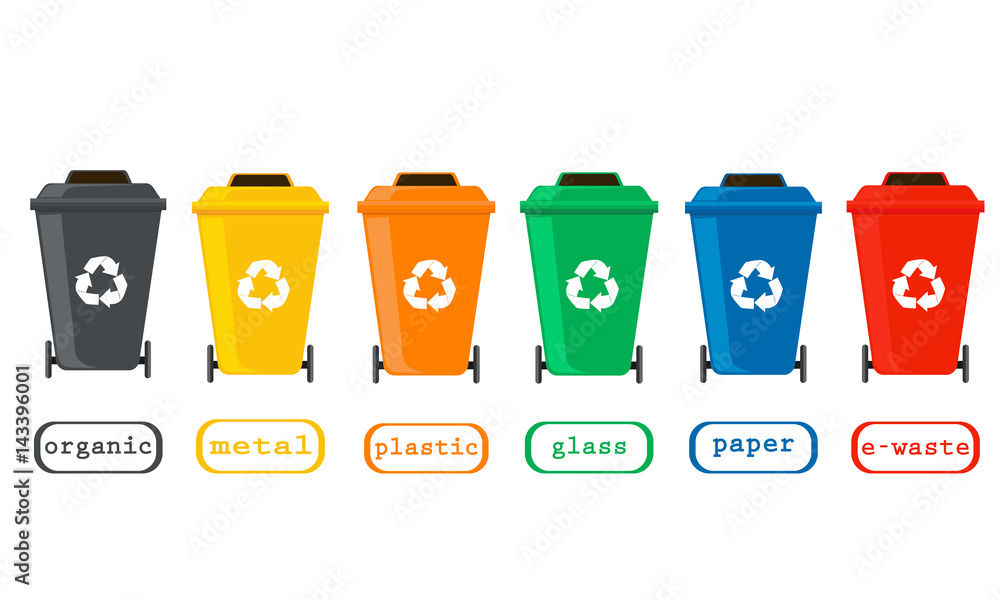 Many garbage cans with sorted garbage. Sorting garbage. Ecology and recycle concept. Trash cans ...