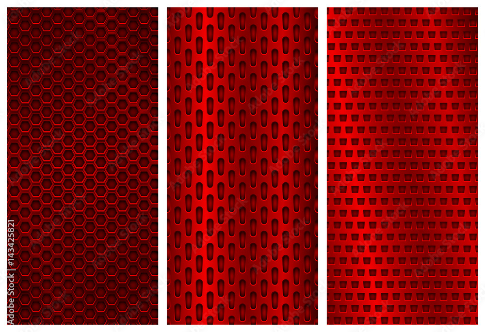 Red metal perforated backgrounds. Brochure design templates. Steel ...