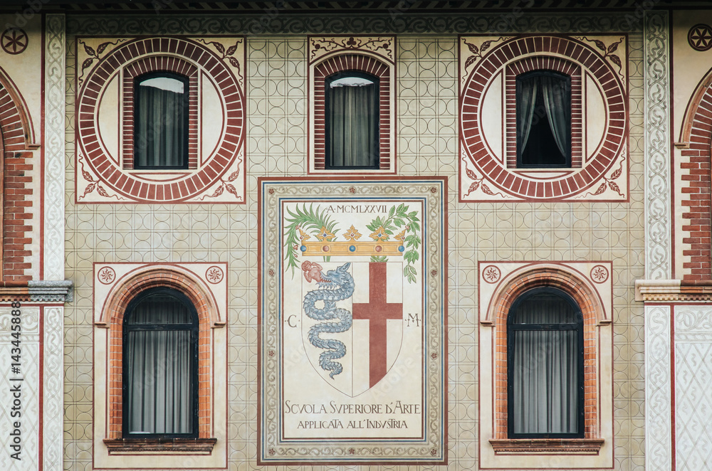 Closeup windows and emblem details of Sforza Castle (Palazzo Sforzesco ...