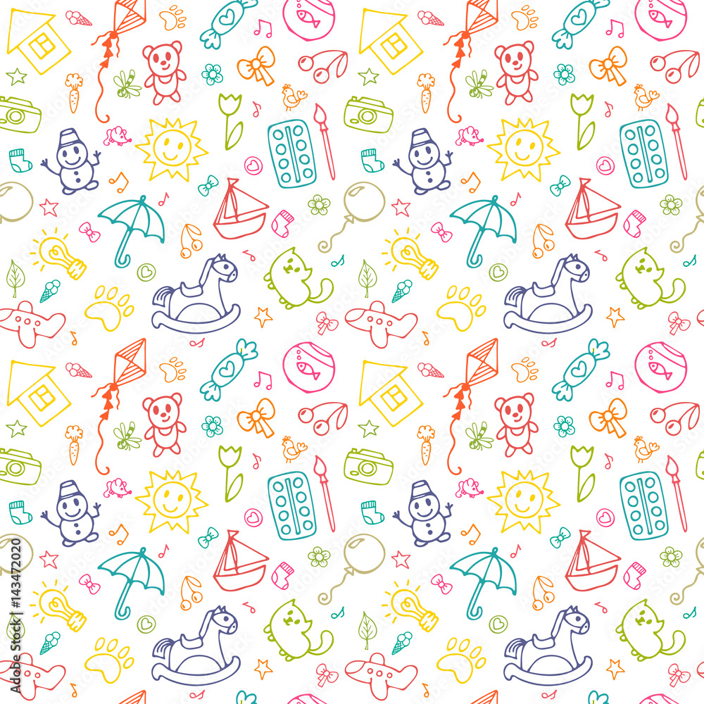 Seamless pattern for cute little girls and boys. Sketch set of drawings ...