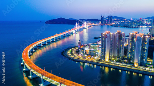 Busan Gwangandaegyo bridge or Gwangan bridge and Haeundae aerial view ...
