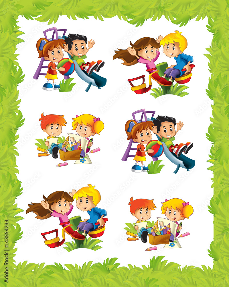 cartoon frame with children playing in different situations Stock ...