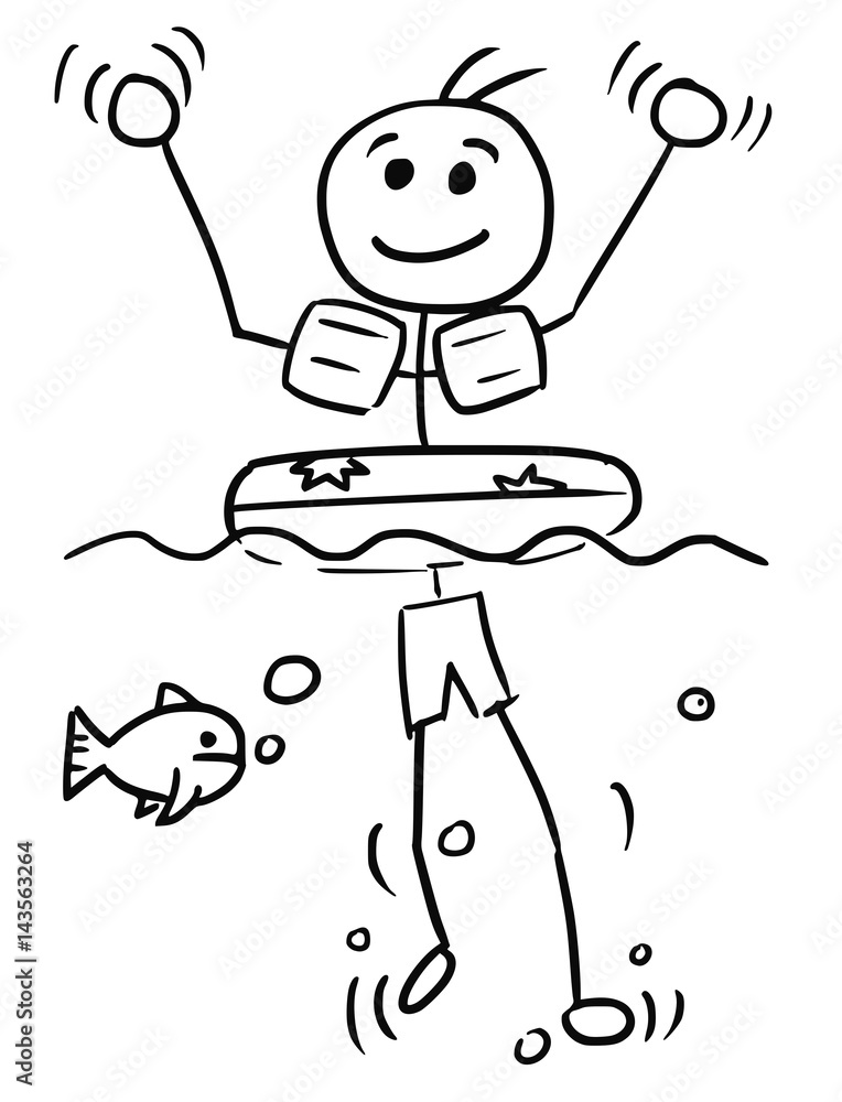 Cartoon Vector Stick Man Relaxing Swimming with Swim Ring Stock Vector ...