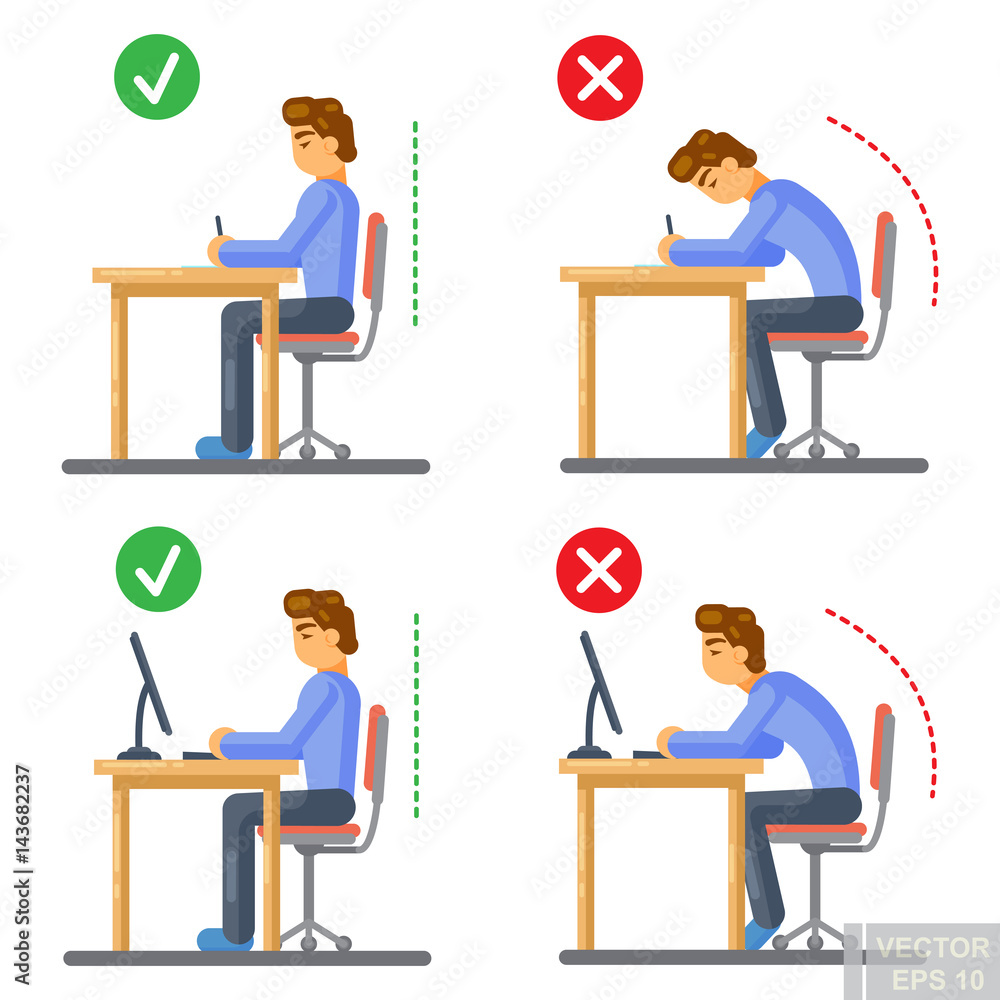 Vector - Correct body alignment in sitting working with computer ...