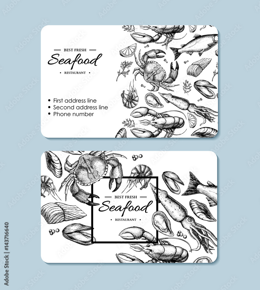 Seafood hand drawn vector business card. Crab, lobster, shrimp, oyster ...