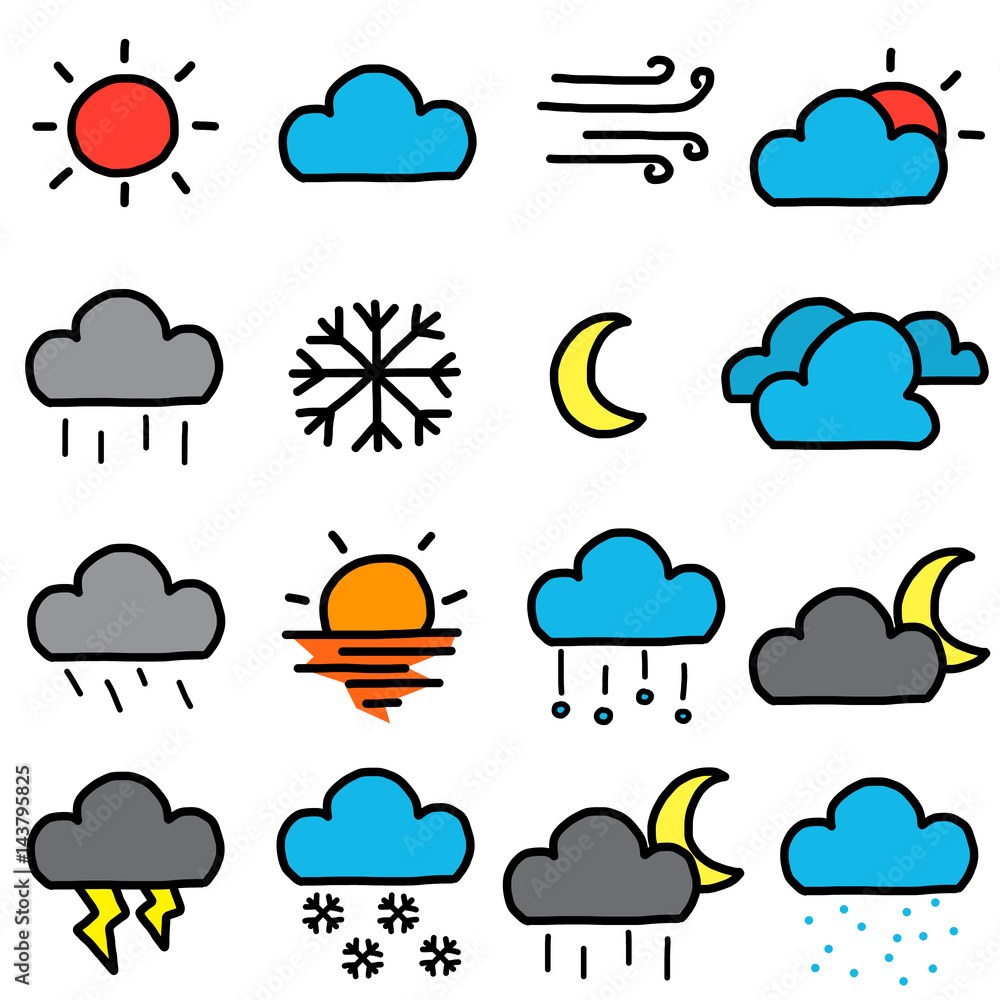weather symbols, icons set / cartoon vector and illustration, hand ...