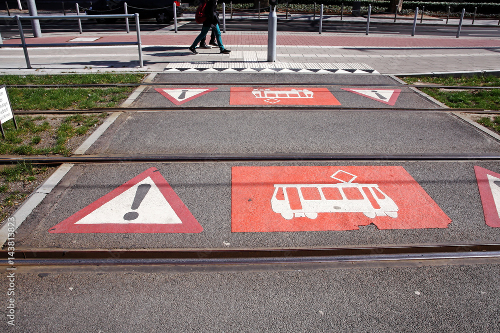 streetcar warning signs on pavement Stock Photo | Adobe Stock