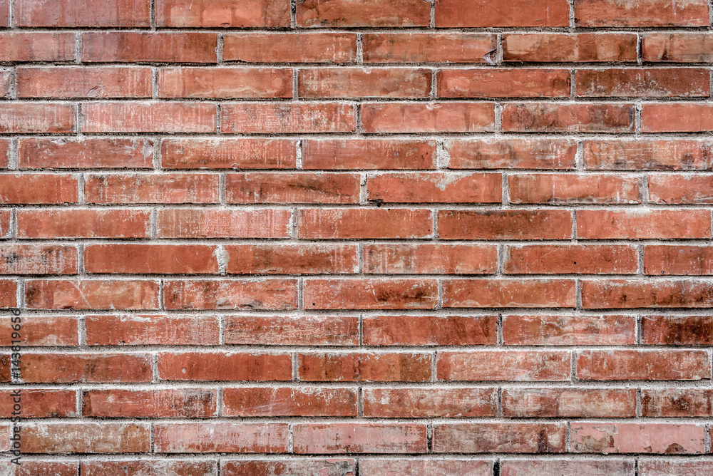 Old red brick wall with cracks and scratches. Horizontal wide brickwall ...