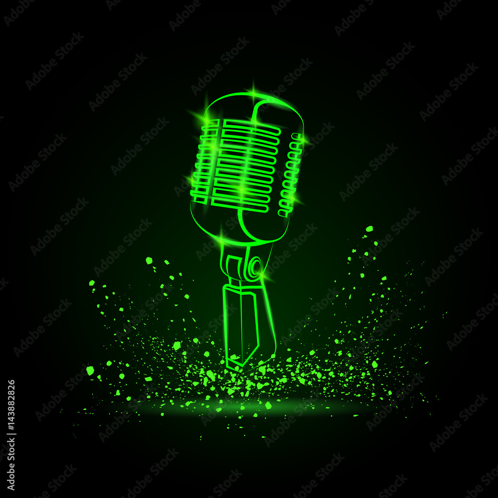 Green neon microphone illustration on a black background. Music ...