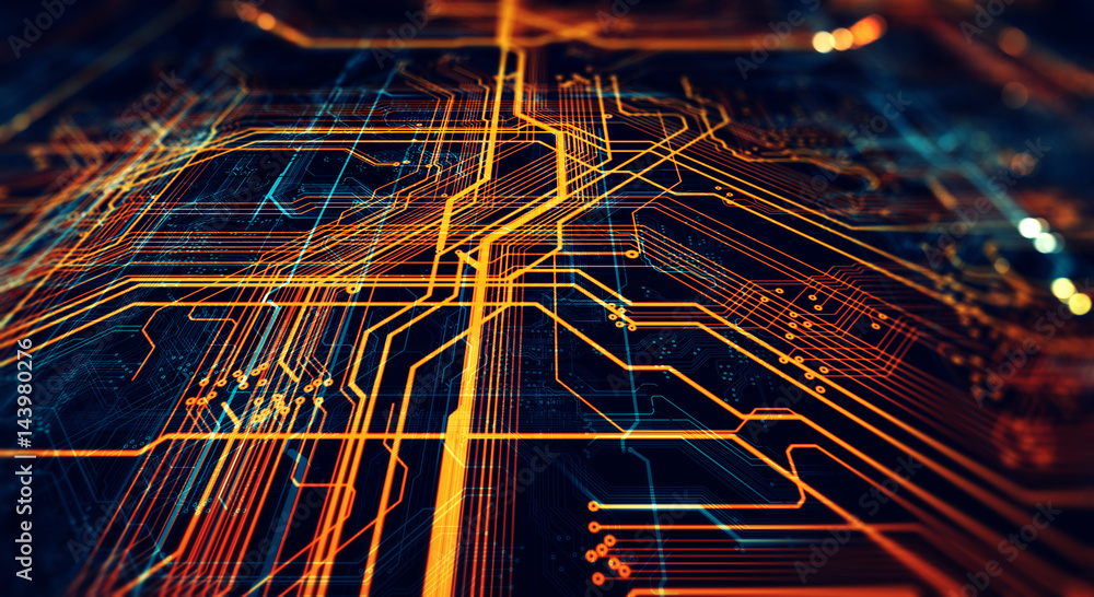Printed circuit board futuristic server/Circuit board futuristic server code processing. Orange ...
