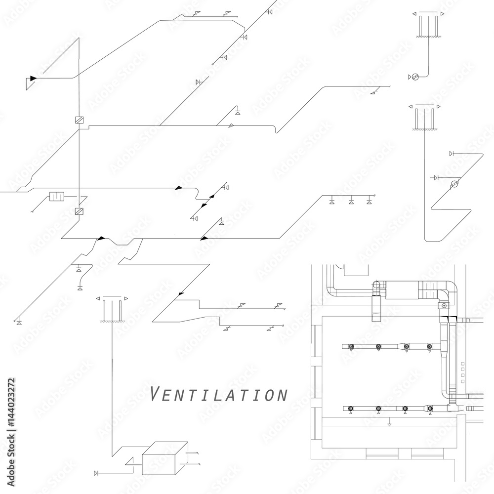 Axonometric view of the ventilation system. Vector design for HVAC. The ...