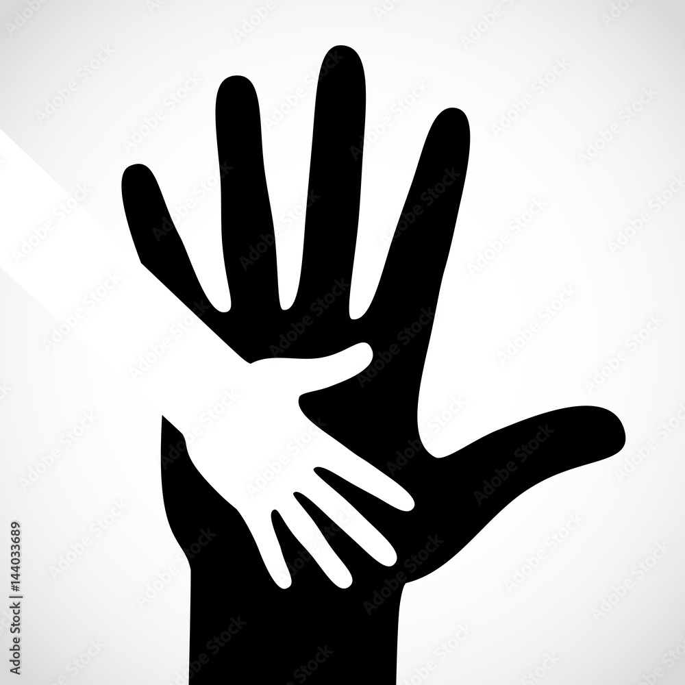 Black color big hand and white small hand concept. Help symbol hands ...