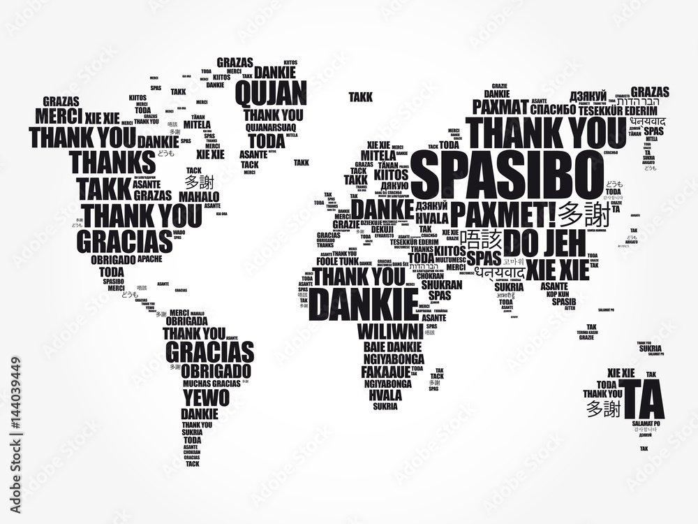 Thank You in many languages World Map in Typography word cloud ...