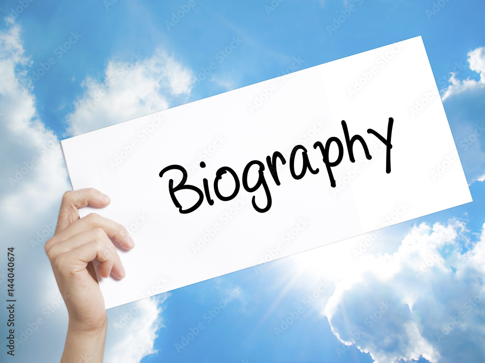 Biography Sign on white paper. Man Hand Holding Paper with text ...