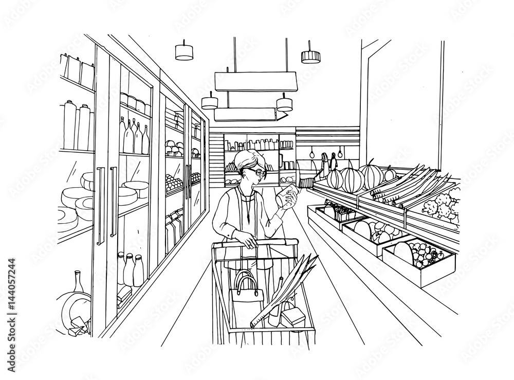 Supermarket interior with shopper girl. Grocery store, hand drawn ...