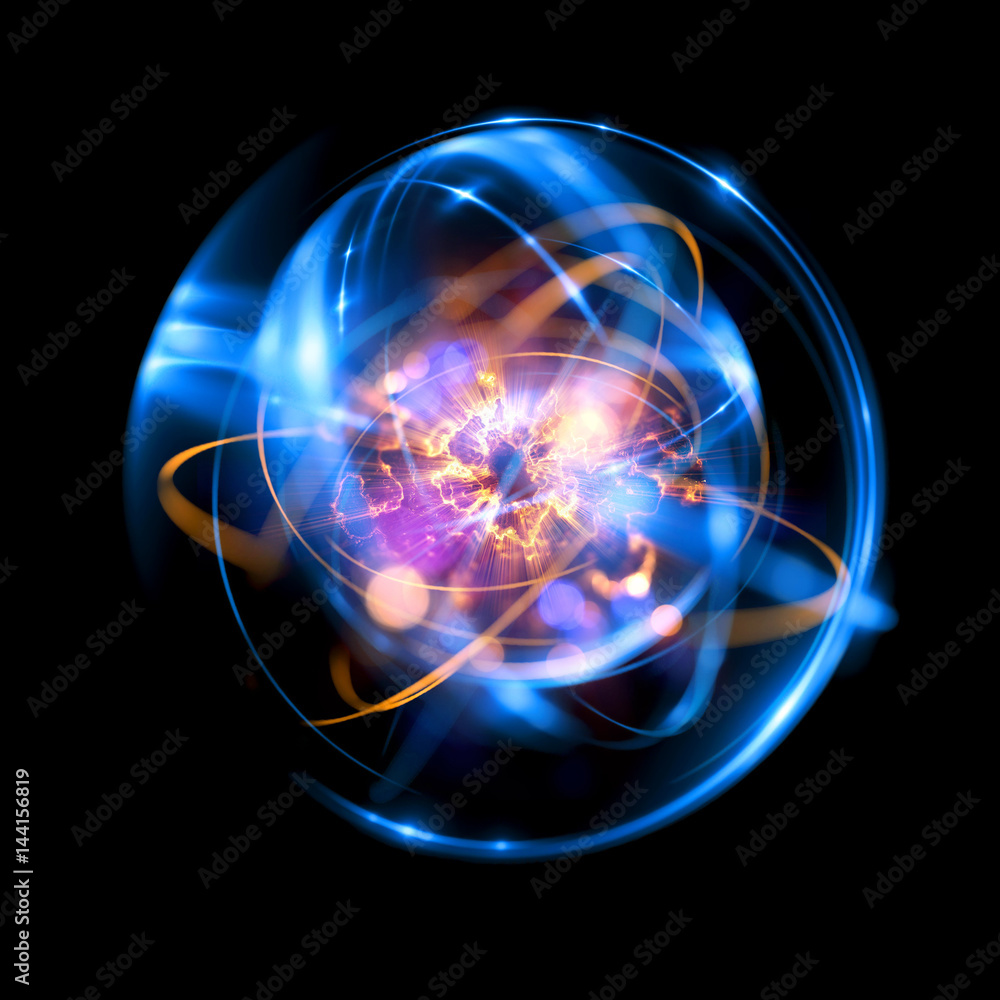 3D Atom icon. Luminous nuclear model on dark background. Glowing energy ...