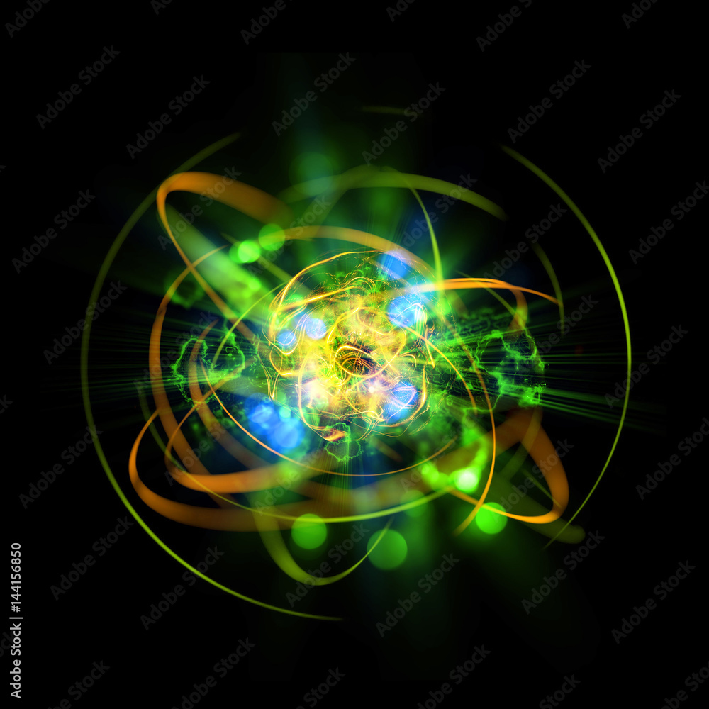3D Atom icon. Luminous nuclear model on dark background. Glowing energy balls. Molecule ...