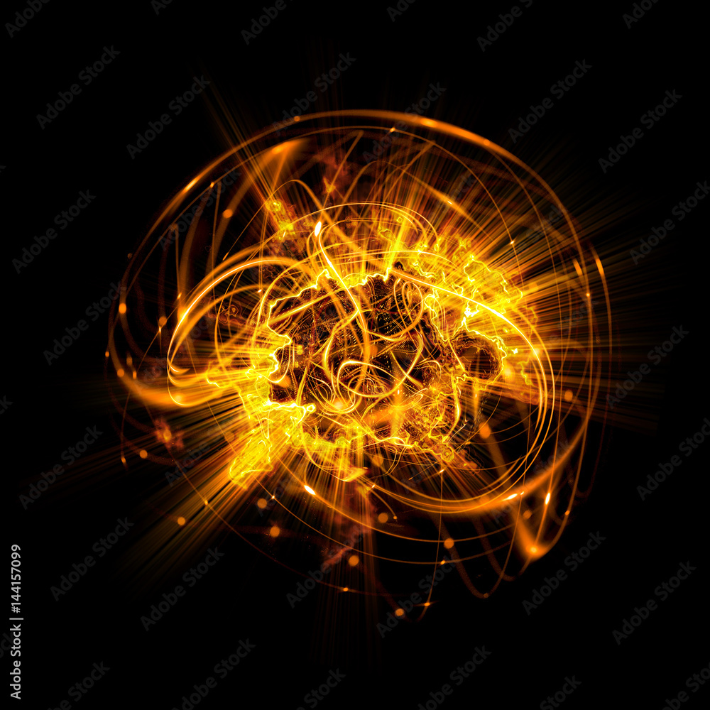 Ilustración de Stock 3D Atom icon. Luminous nuclear model on dark ...