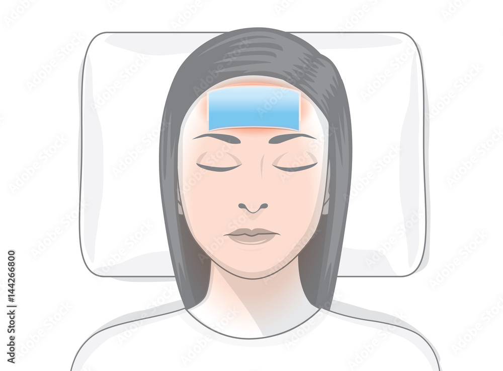 Reduce fever patches on forehead area of ill woman. Illustration about ...