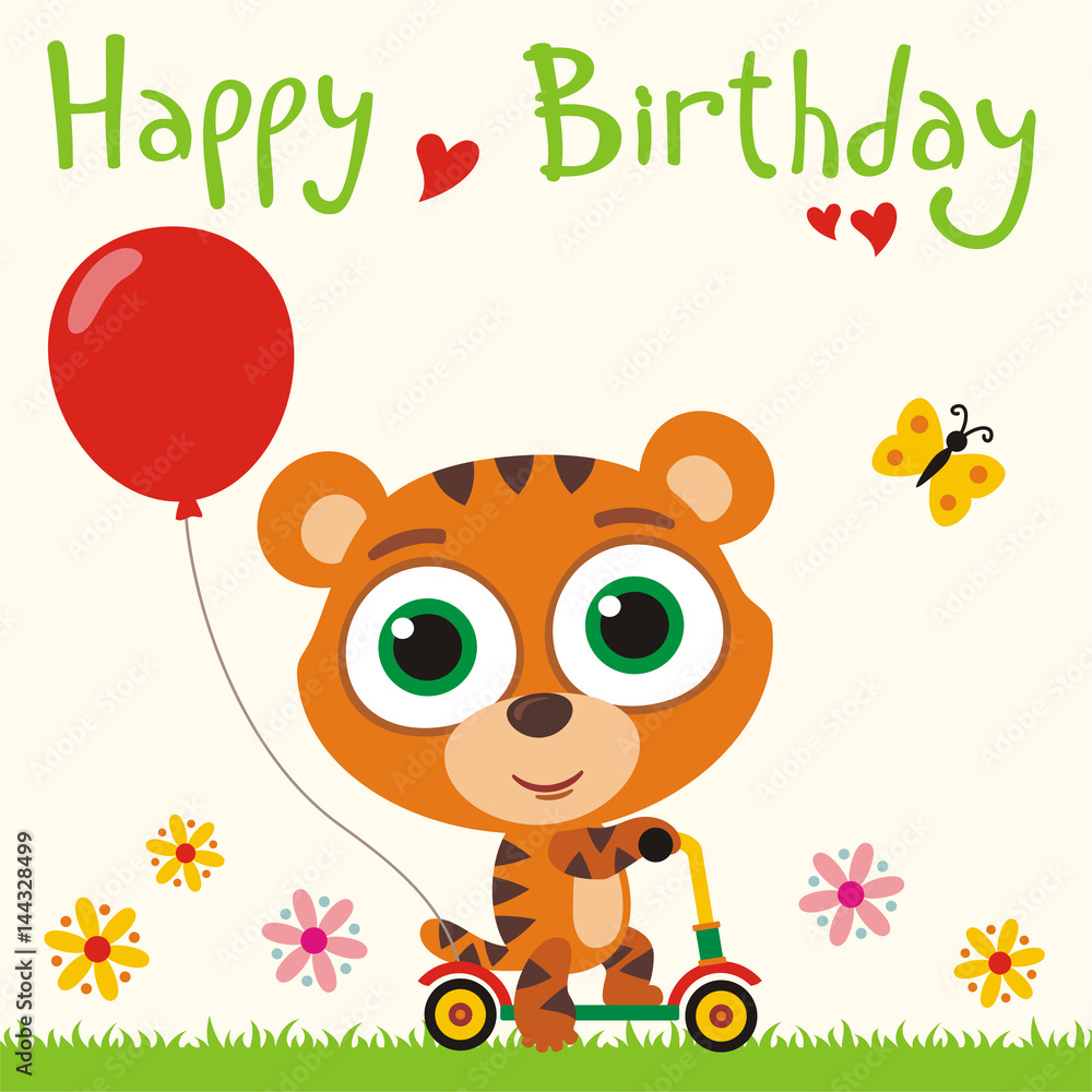 Happy birthday! Funny tiger going on scooter with red balloon. Birthday ...