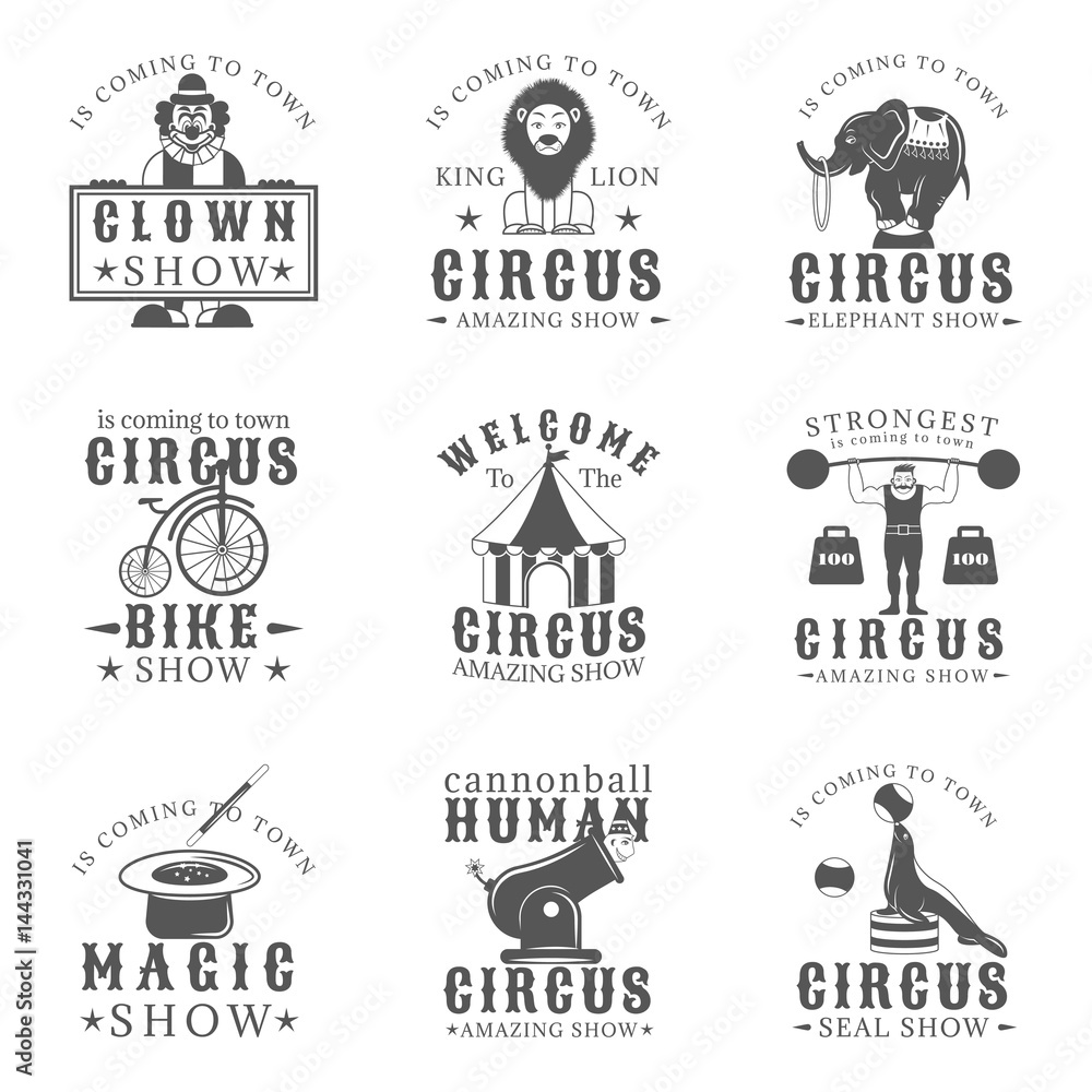 Set of circus vintage emblems, labels, badges and logos in monochrome ...