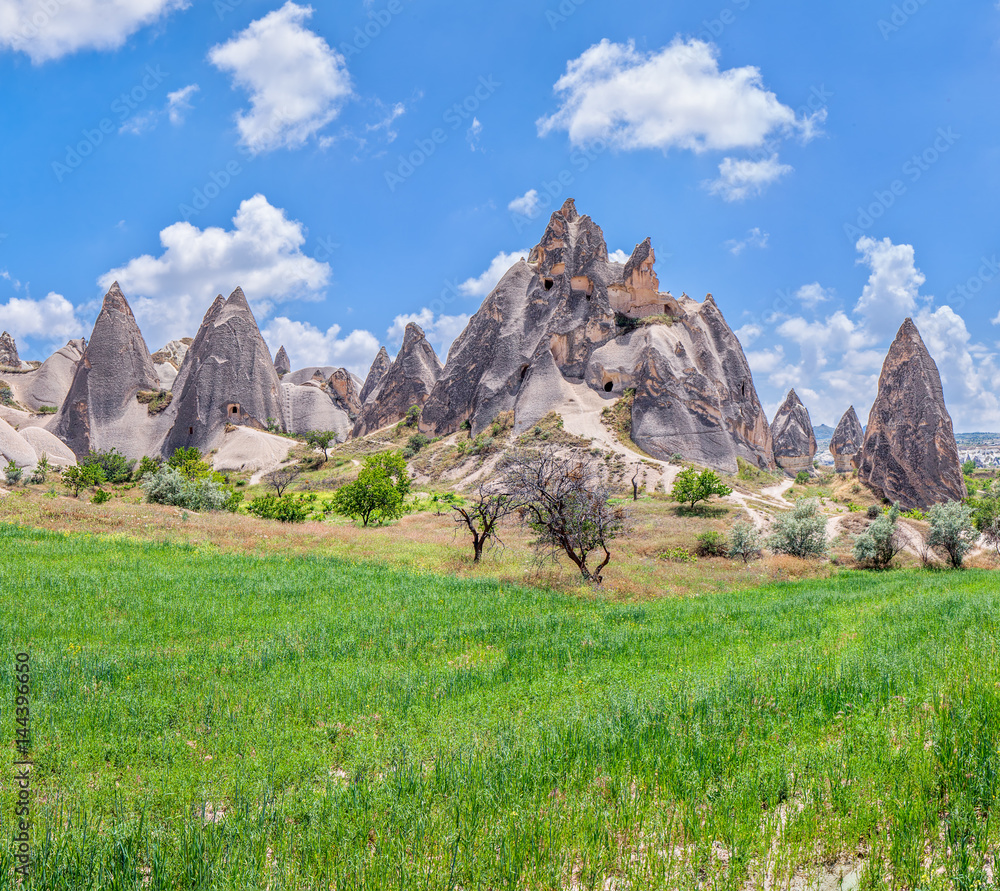 Panorama of a geological formation consisting of volcanic tuff with ...