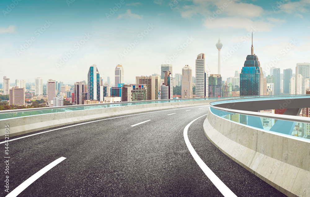 Highway overpass modern city skyline background . Day time scene ...