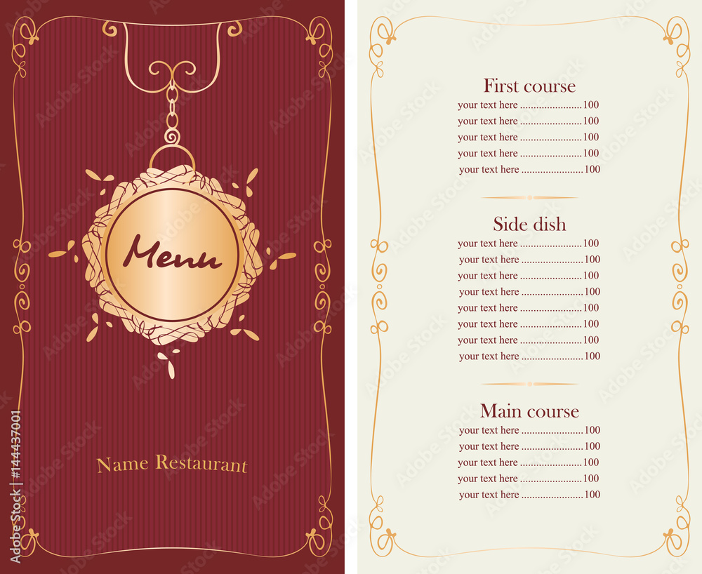 vector menu for restaurant or cafe with price list, gold pattern and ...