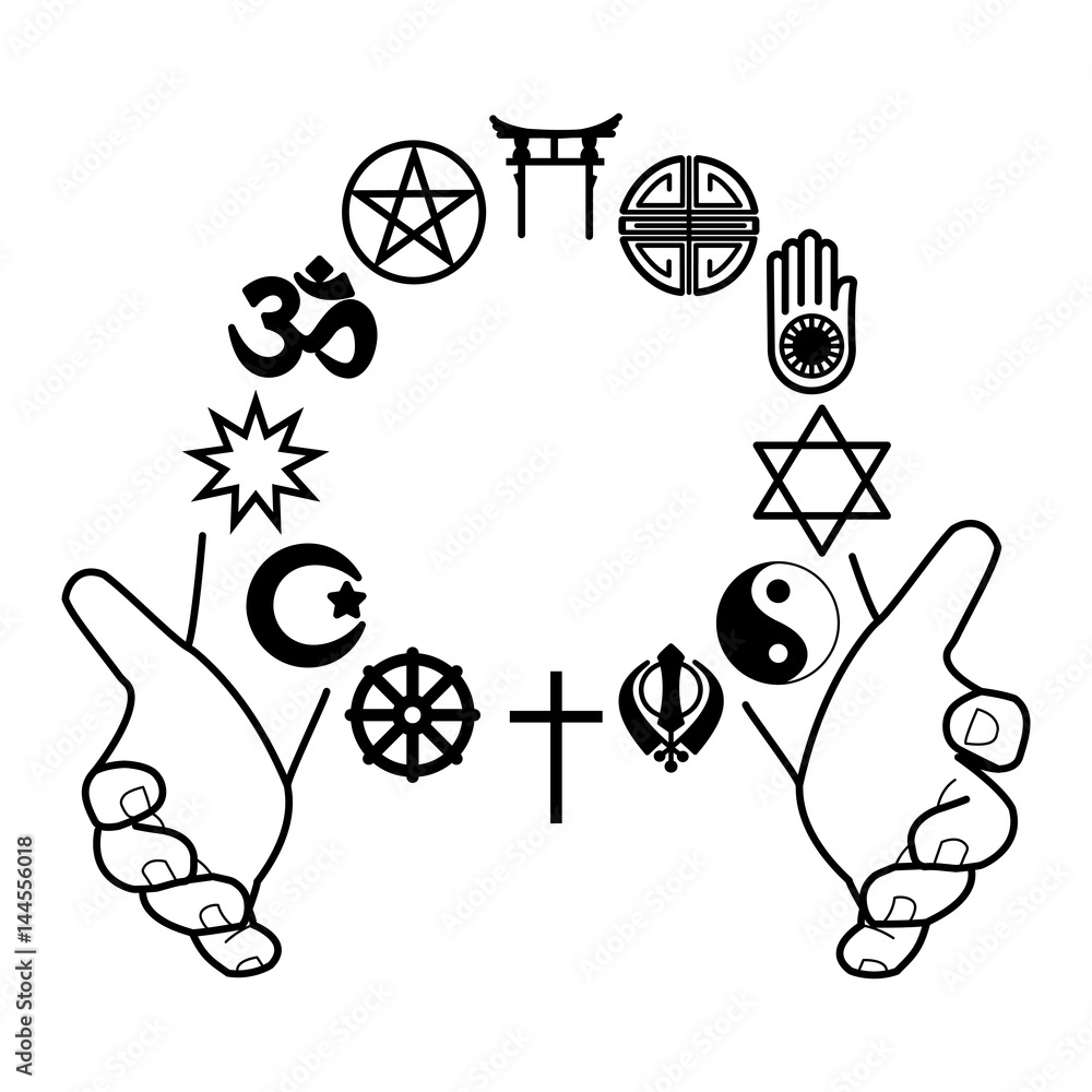 hands with combination of religious symbols. Symbols of major religions ...