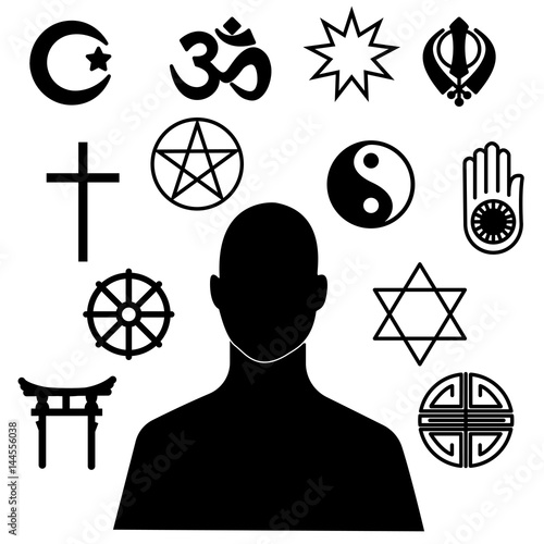 silhouette of a man who chooses a religion. Symbols of major religions ...