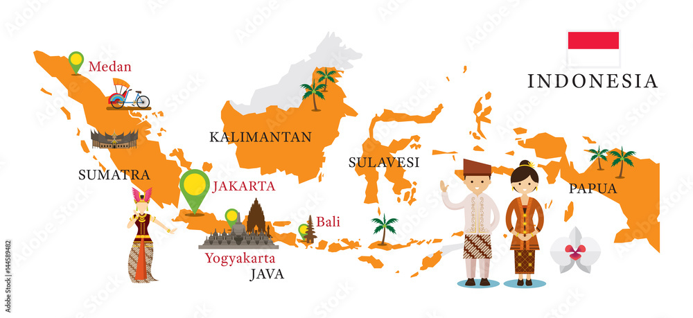 Indonesia Map and Landmarks with People in Traditional Clothing ...