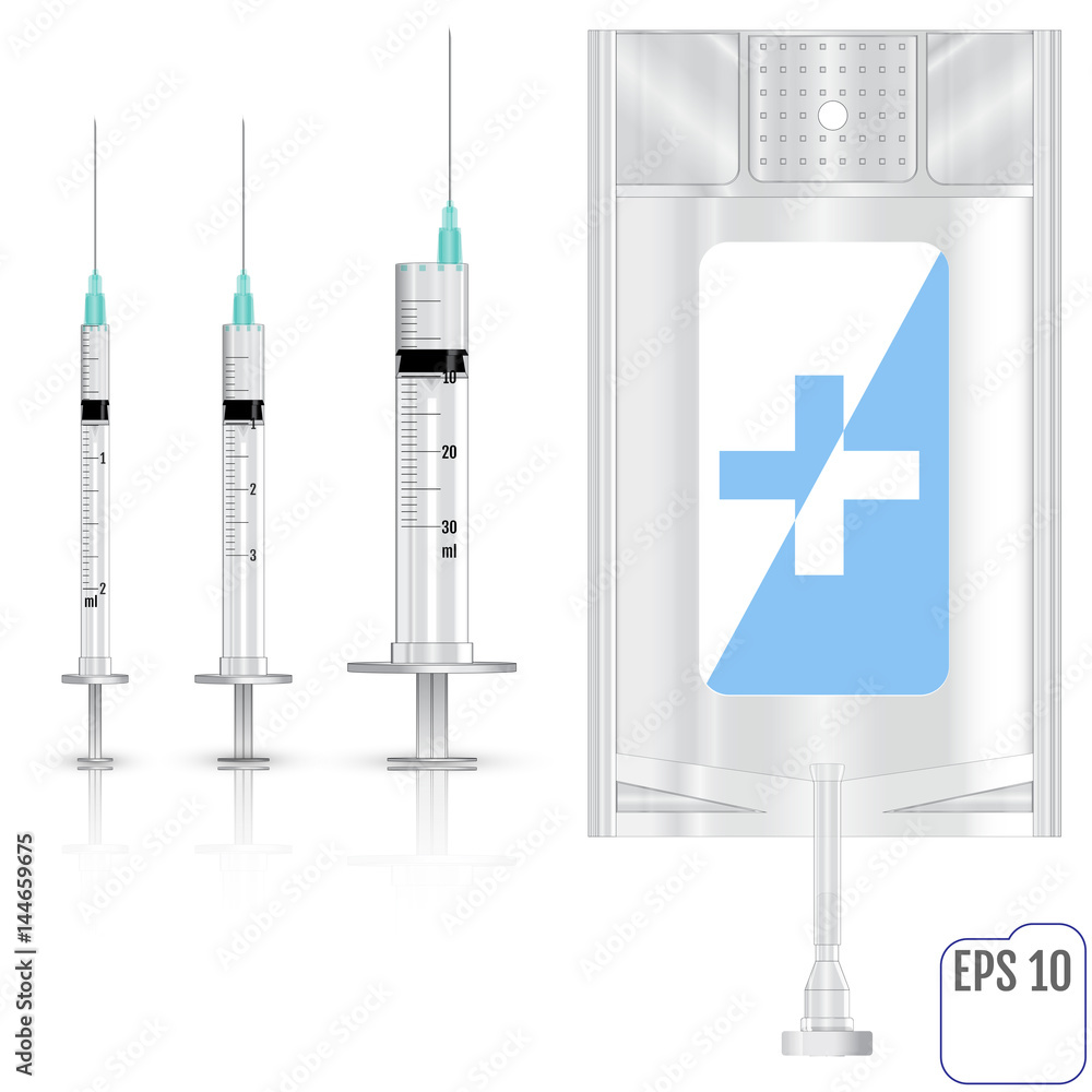 Realistic Intravenous fluid and syringes. Vector illustration Stock ...
