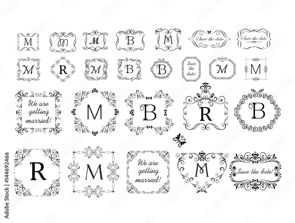 Frames and vignette collection for wedding design, menu card ...