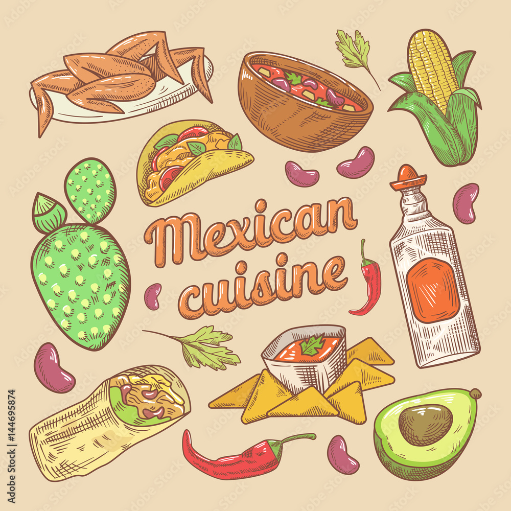 Mexican Cuisine Traditional Food Hand Drawn Doodle with Tacos and ...