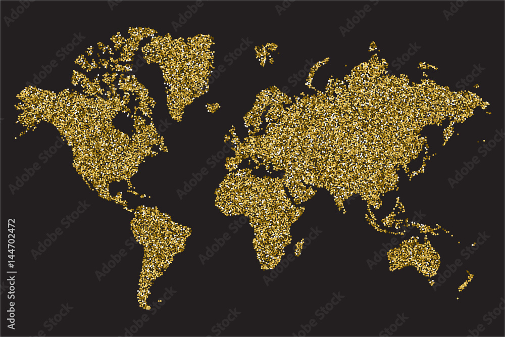 World map isolated on black background, gold glitter texture, vector ...