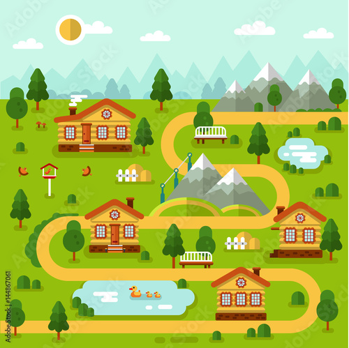 Flat design vector illustration of mountain village map. Included ...