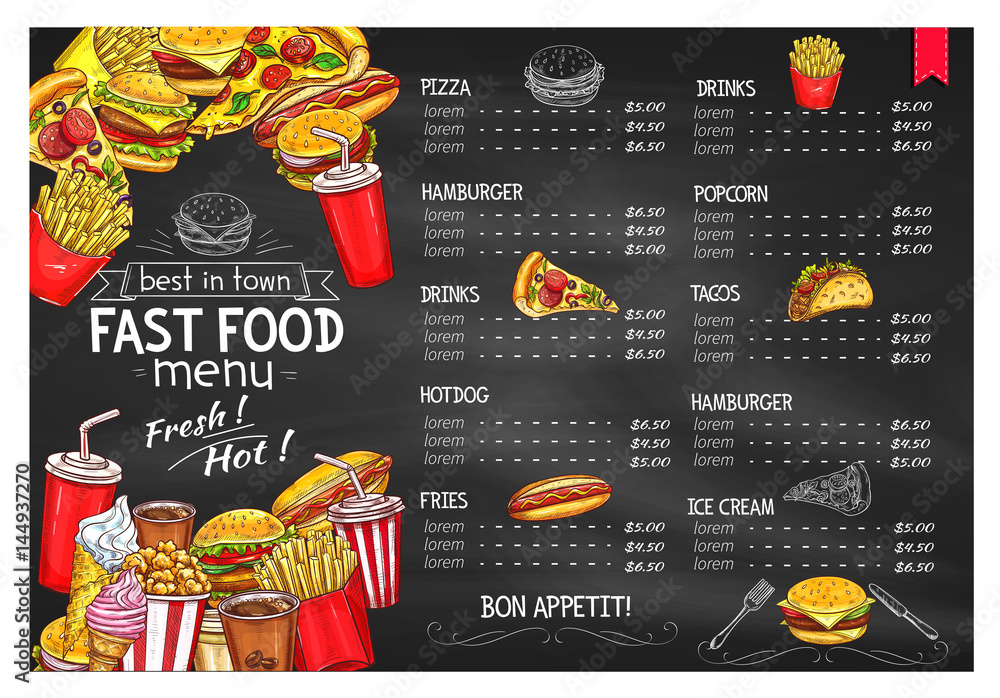 Vector price menu template for fast food meals Stock Vector | Adobe Stock