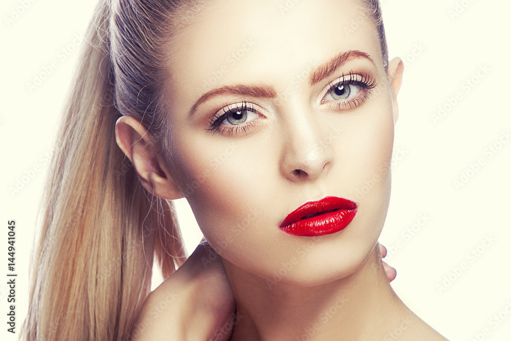 Fashion studio portrait of beautiful blonde woman with perfect makeup ...