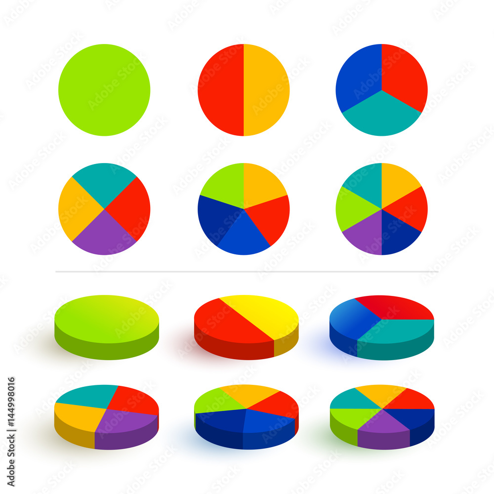 Set pie chart, graphs in 1,2,3,4,5,6 segments. Colorful icons. Segmented circles. Vector ...