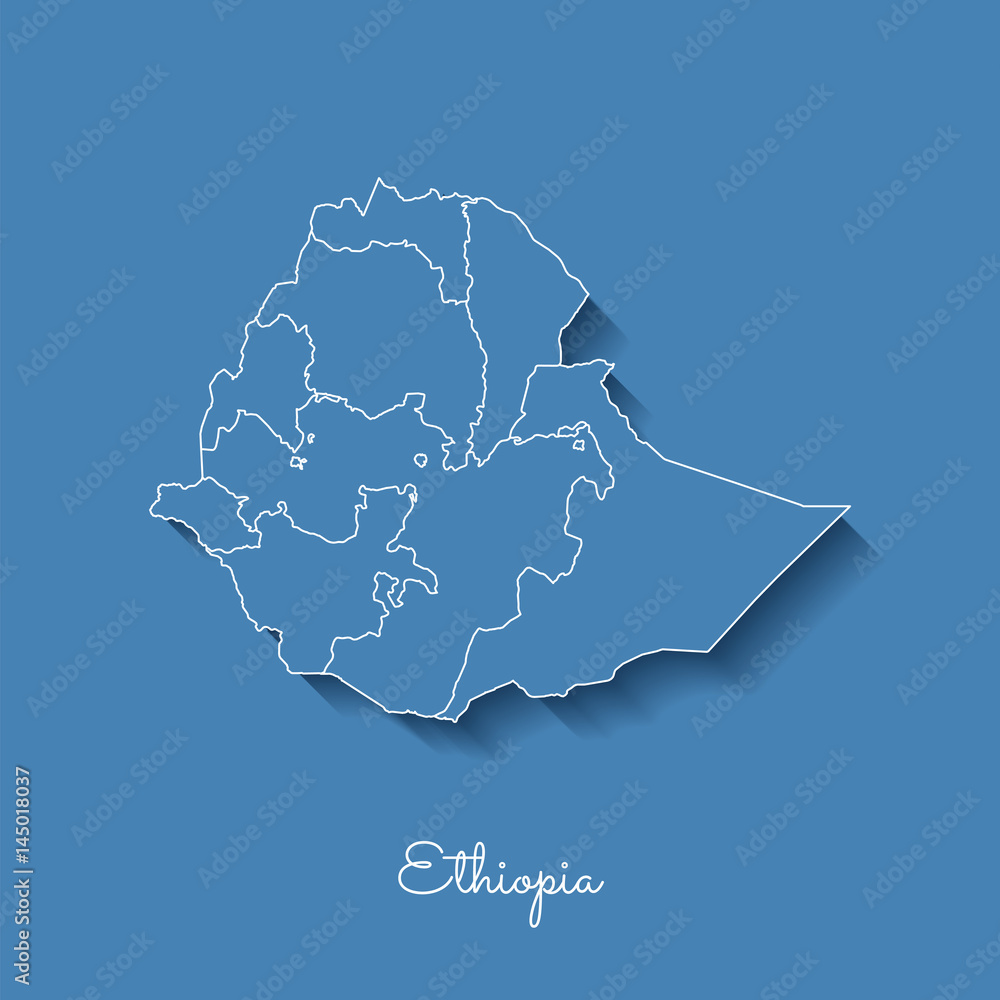 Ethiopia region map: blue with white outline and shadow on blue ...