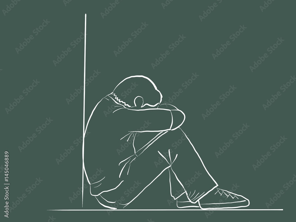 illustration of a man sitting lean on the wall sad because bullying ...