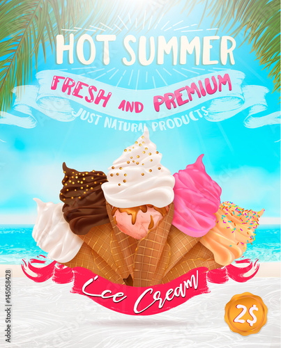 Ice cream poster design: chocolate, vanilla, scoops,waffle cone ...