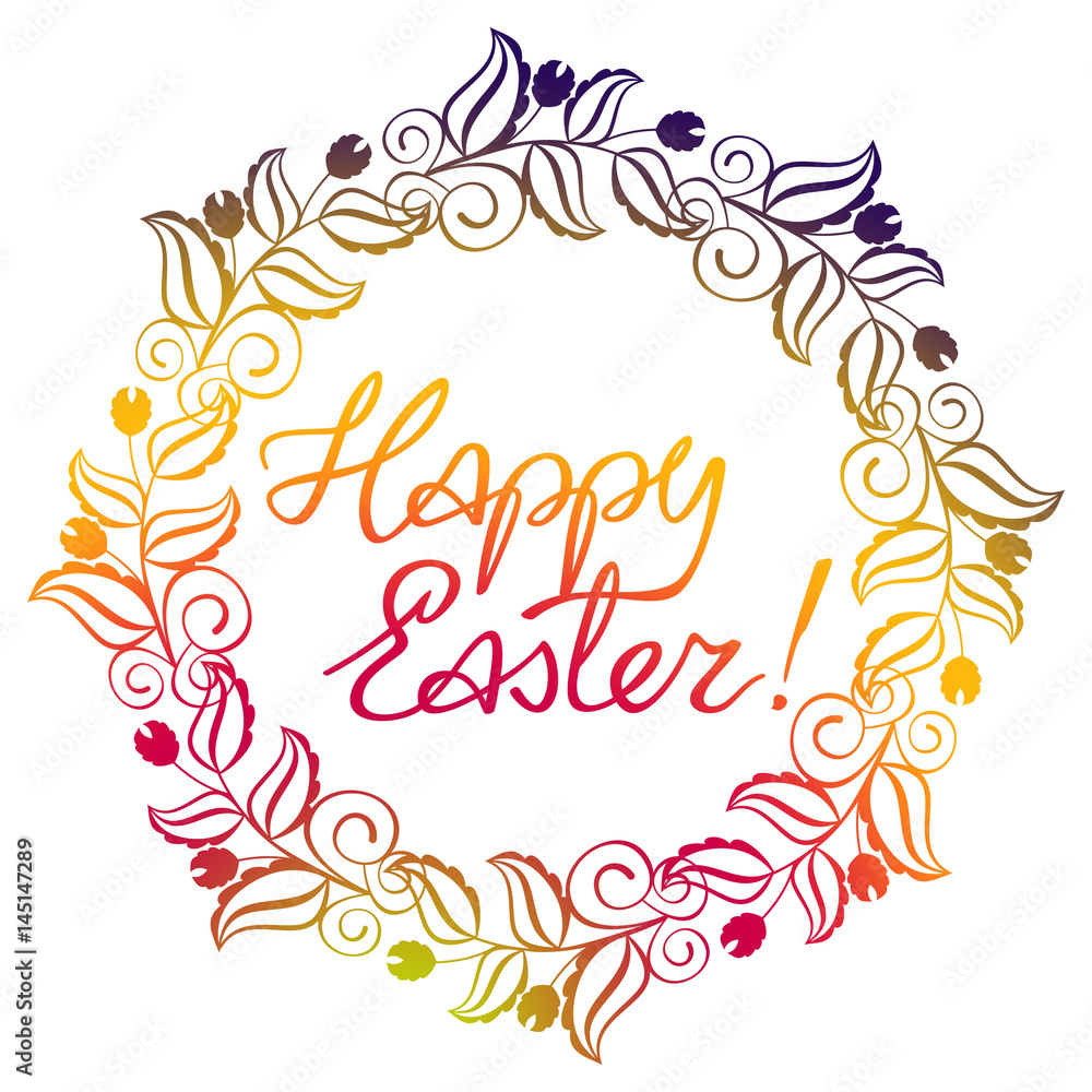 Gradient filled holiday label with decorative flowers and artistic written greeting text "Happy ...