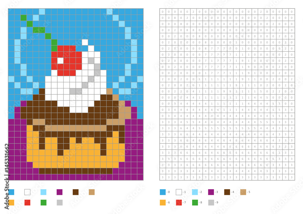 Kids coloring page, pixel coloring with numbered squares. Cake with ...