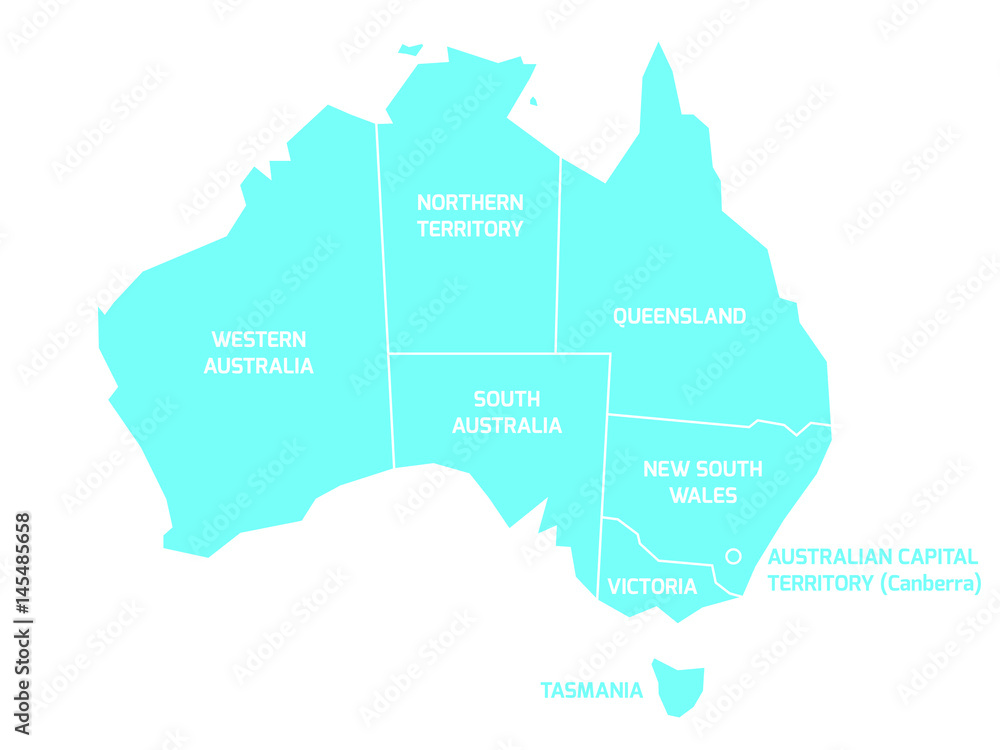 Simplified map of Australia divided into states and territories. Blue ...